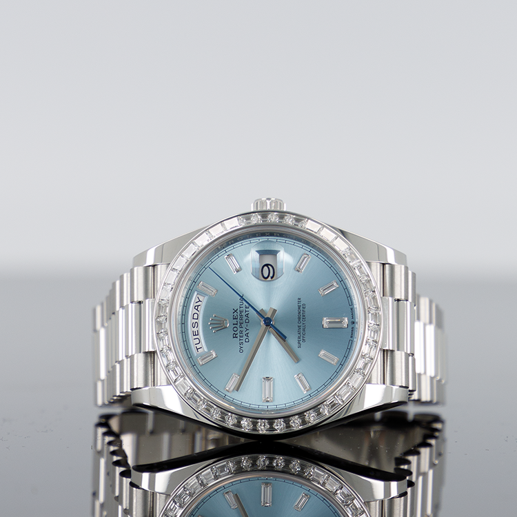 Rolex Day-Date 40mm Platinum Ice Blue Baguette Dial 228396TBR ...