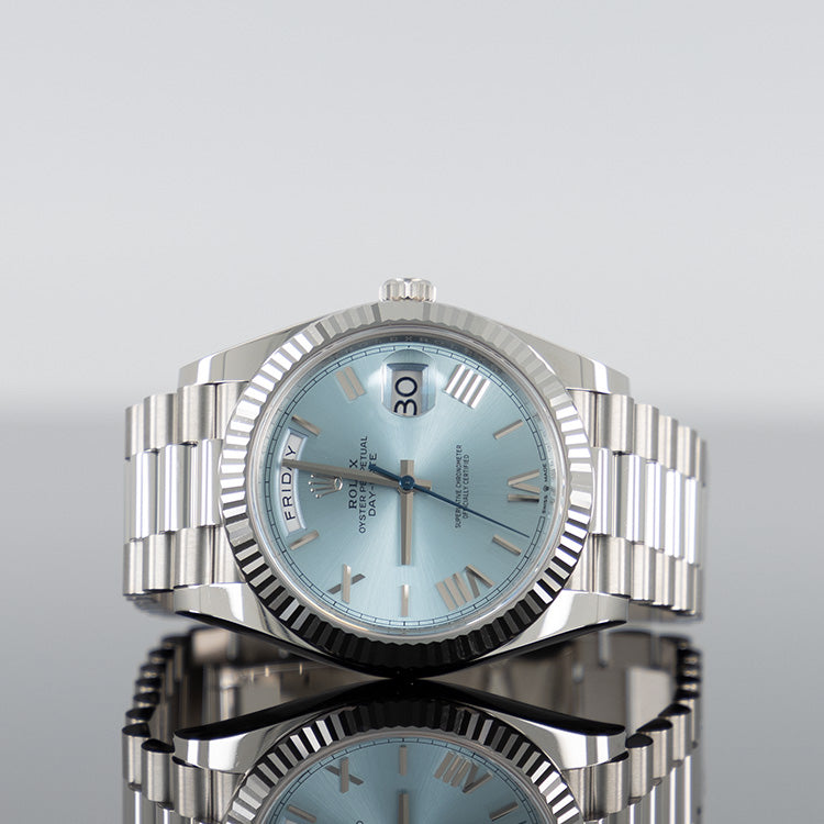 Rolex Day-Date 40mm Platinum Ice Blue Roman Dial 228236 – Styleout Watches